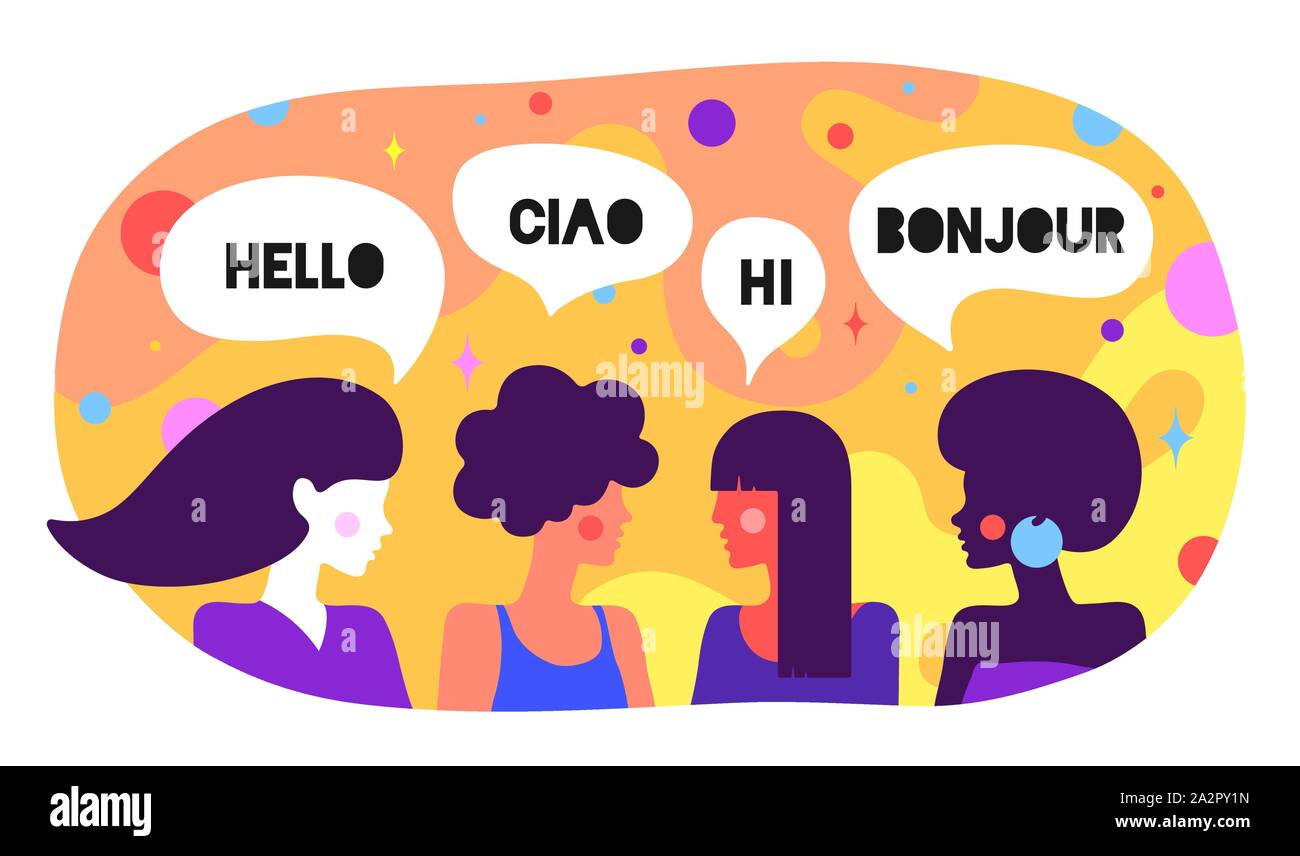 Modern flat character. Friends women say Hello, Ciao, Hi, Bonjour Stock ...