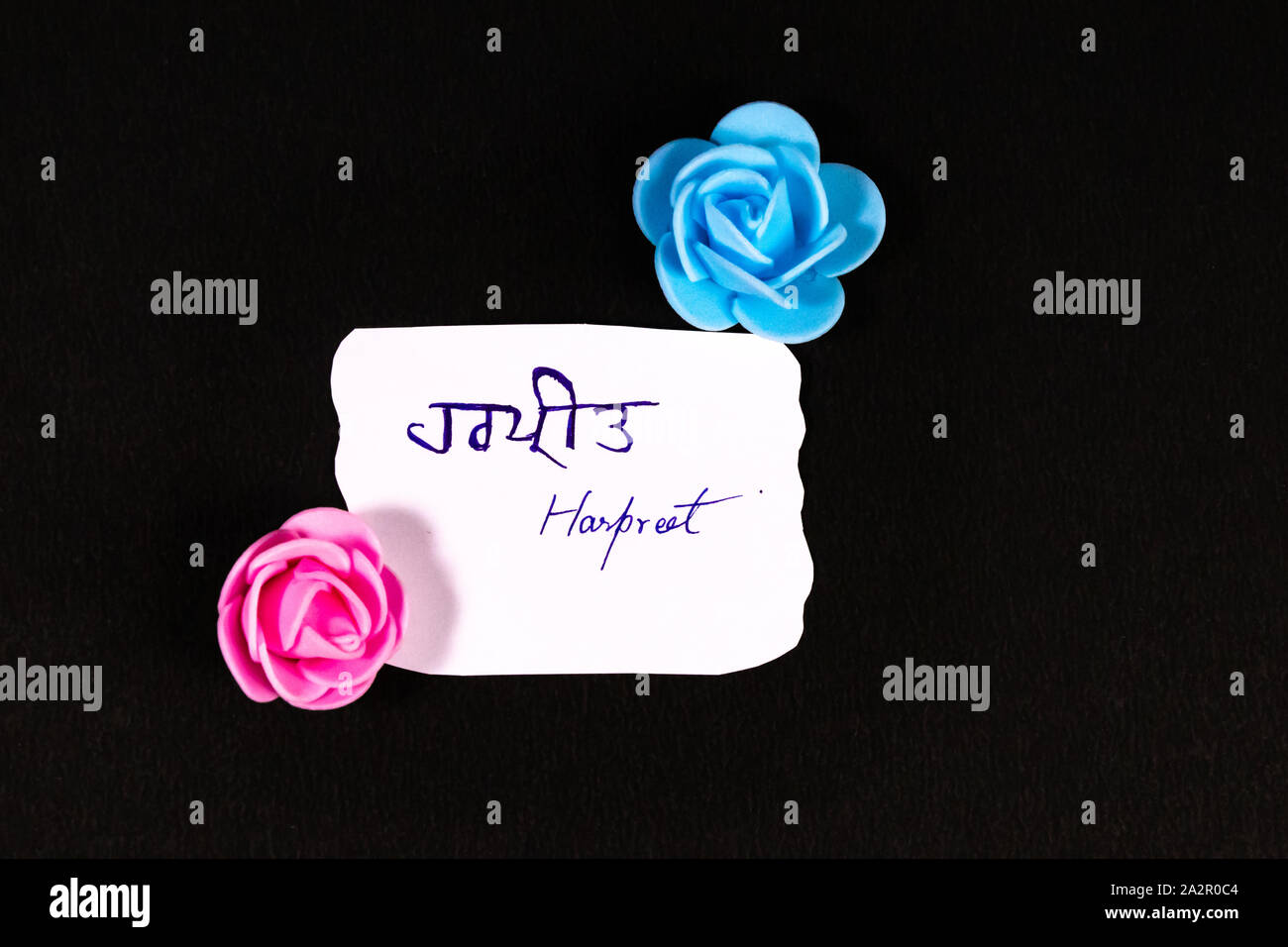 Hand written initials on white paper with beautiful colorful artifical ...