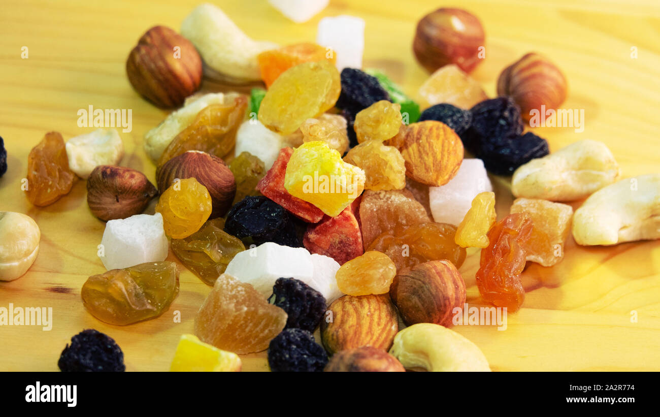 Tutti frutti. Mix of dry fruits (raisins, citron, mango) and nuts ...