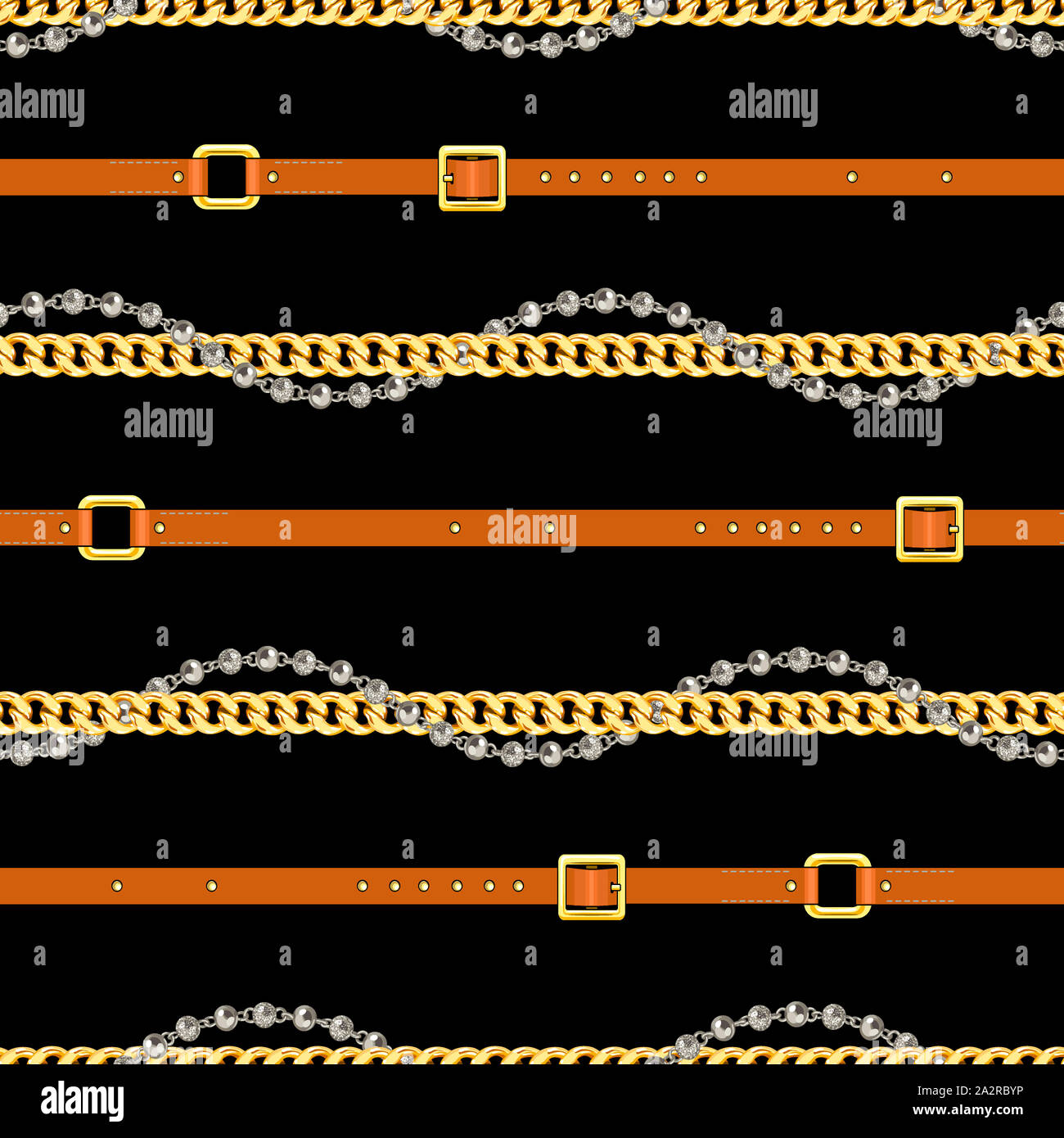 Seamless golden and silver chains pattern with belts on black ...