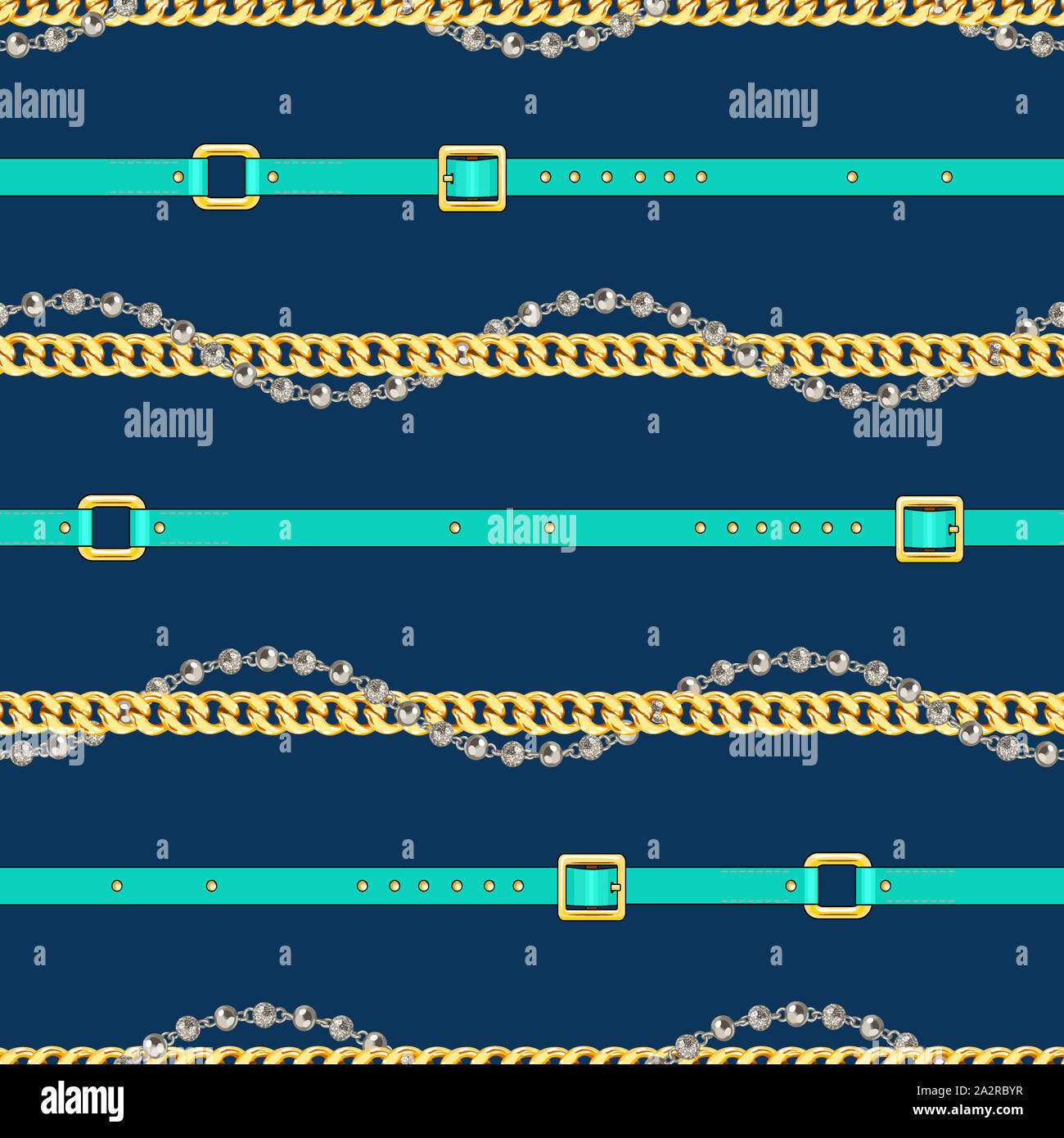 Seamless golden and silver chains pattern with belts on blue background ...