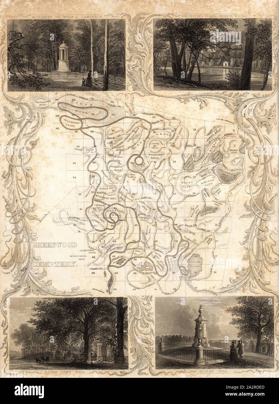 Greenwood Cemetery, Copper engraving, plan and pictures of the Green ...