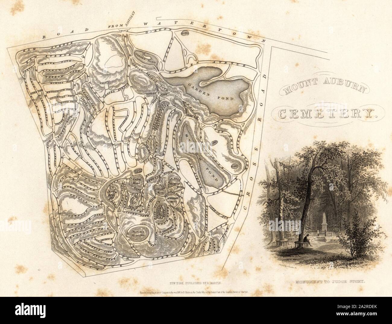Mount Auburn Cemetery, Copper engraving, Mount Auburn Cemetery, Boston ...