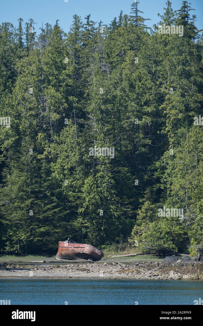 An abandoned boat in Ucluelet Harbour, Vancouver Island, British ...