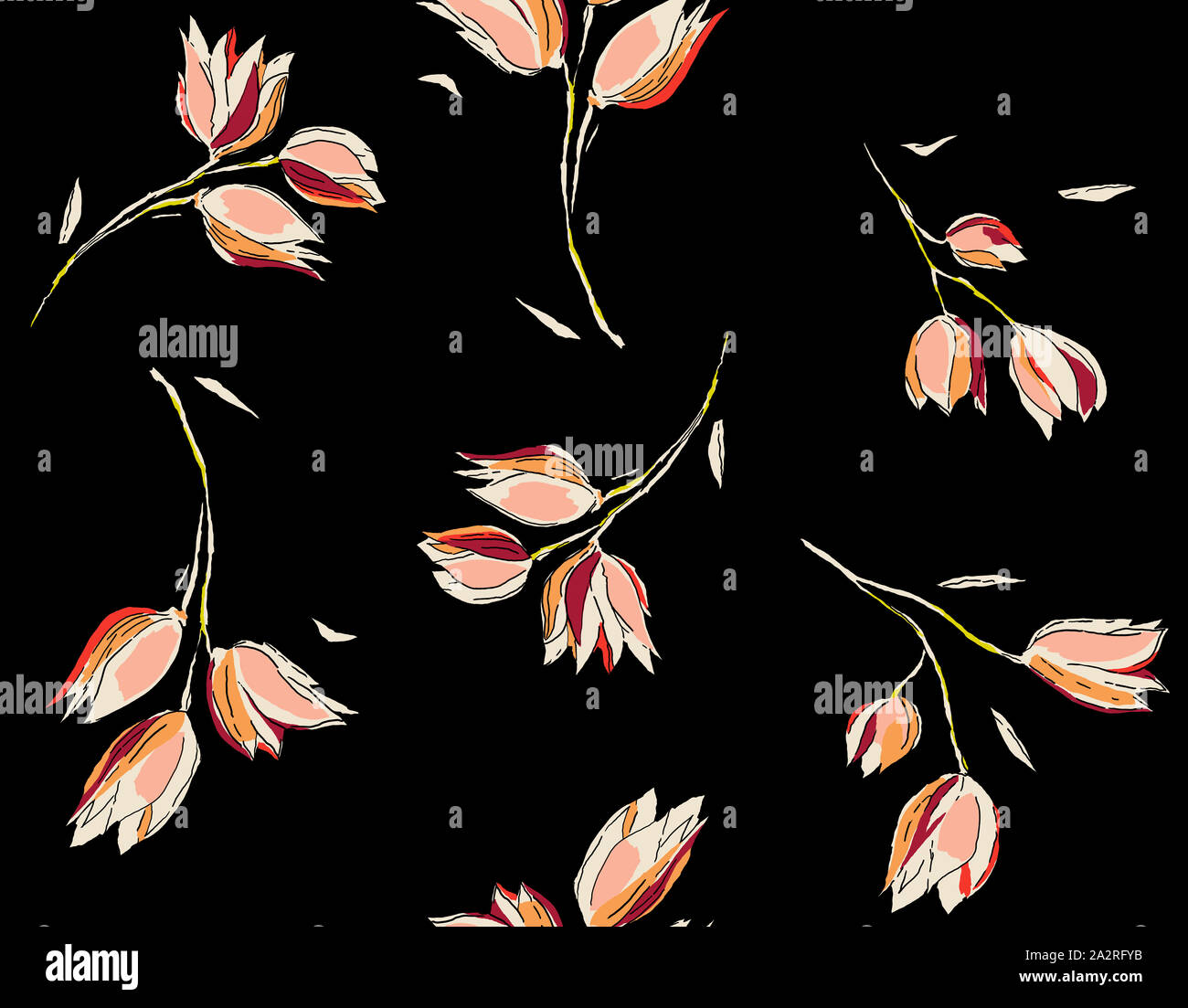 Floral Seamless Pattern in Sketched Outline Style. Flowers Hand Drawn ...