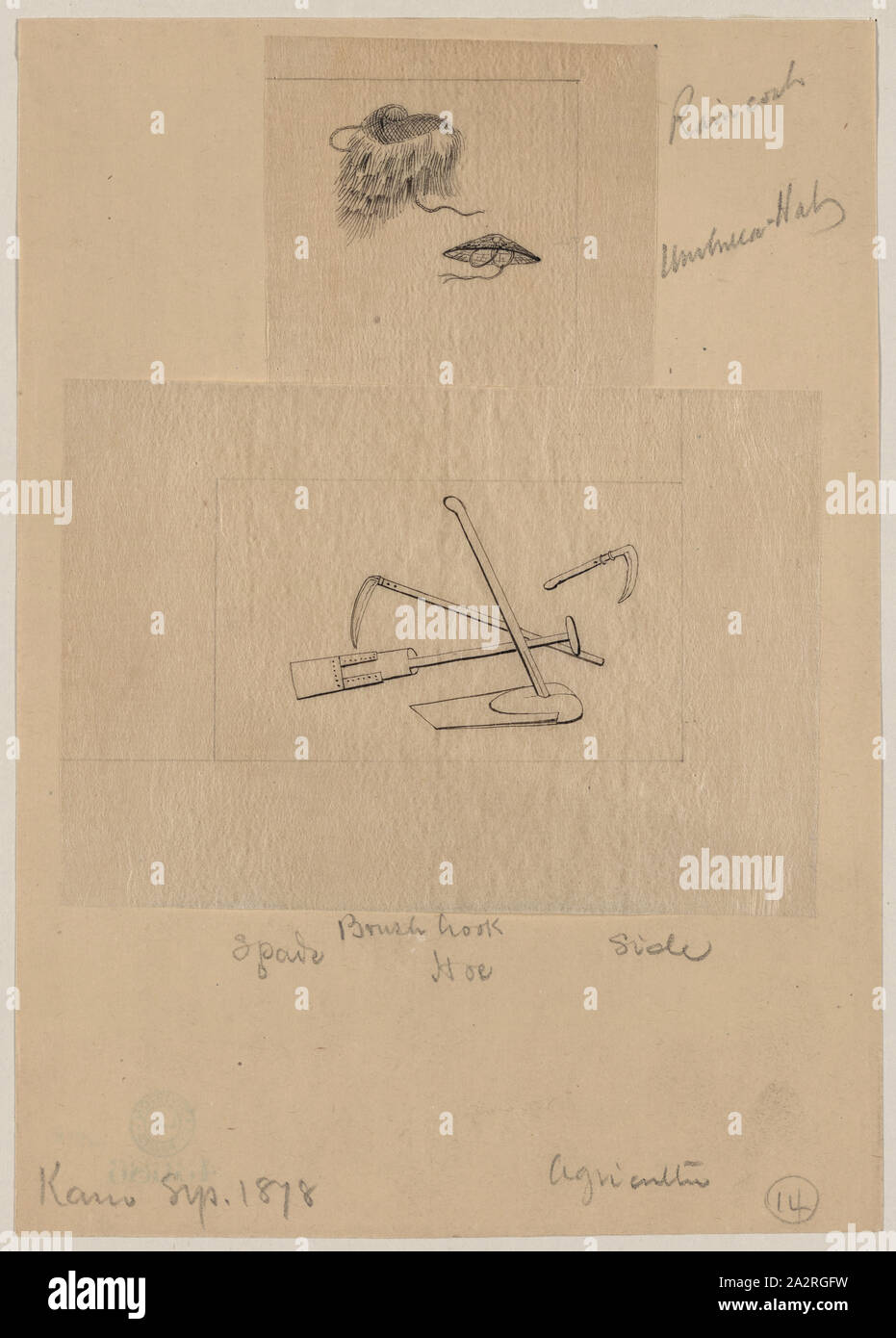 Raincoat, umbrella hat, brush hook, spade, hoe, sickle Stock Photo - Alamy