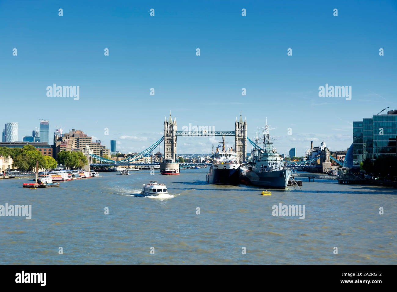 HMS. Belfast cruiser and Tower bridge in 13. September 2019. London ...