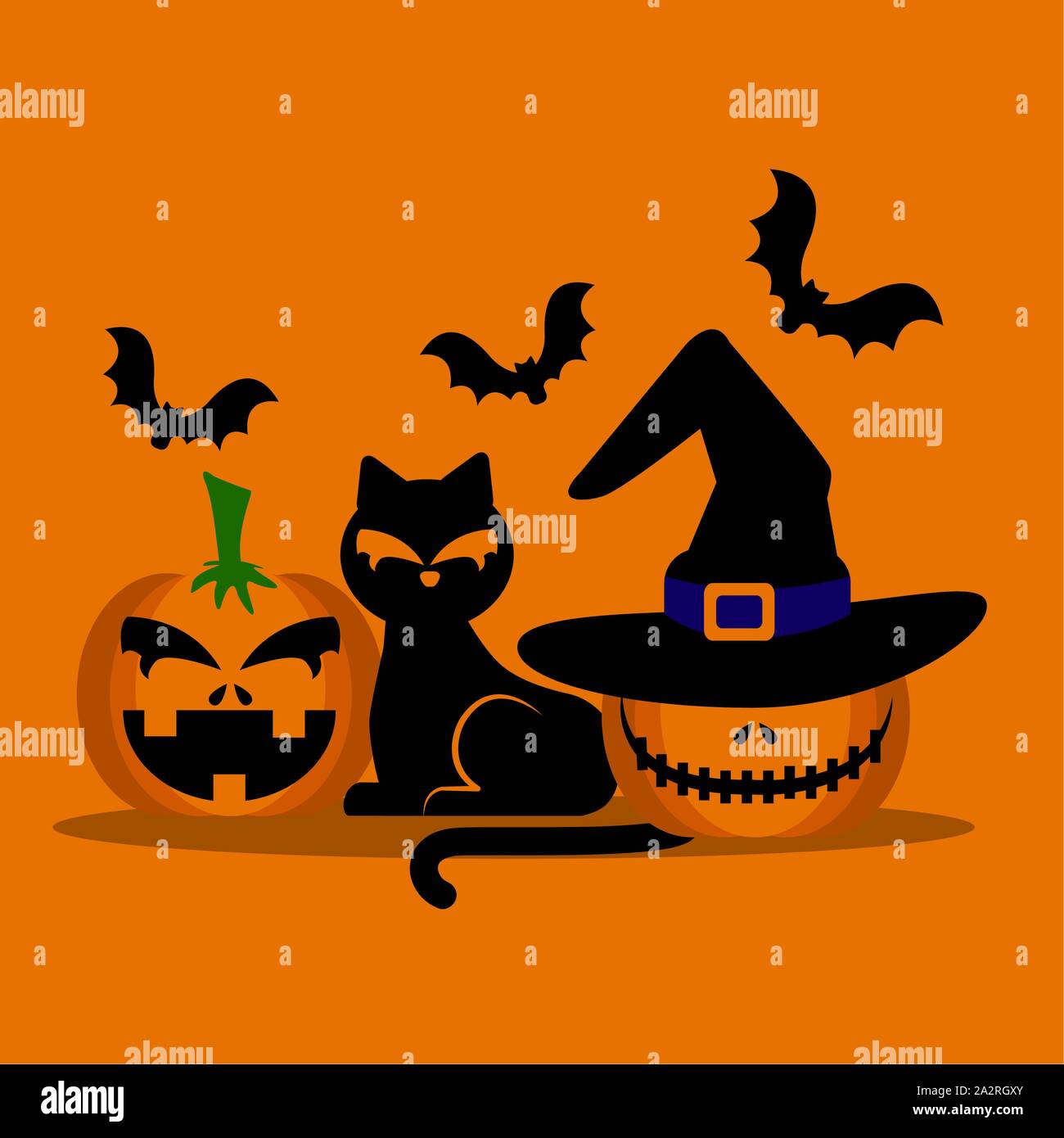 halloween pumpkins with cat and bats flying Stock Vector Image & Art ...