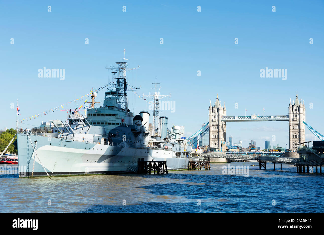 HMS. Belfast cruiser and Tower bridge in 13. September 2019. London ...