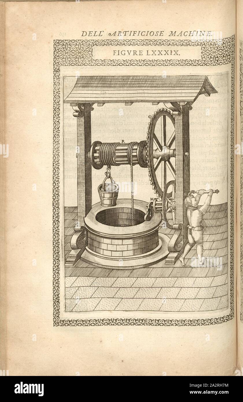 Ziehbrunnen (15), Draw well with winch design, copperplate engraving ...