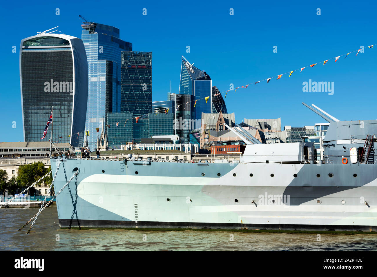 HMS. Belfast cruiser and Tower bridge in 13. September 2019. London ...