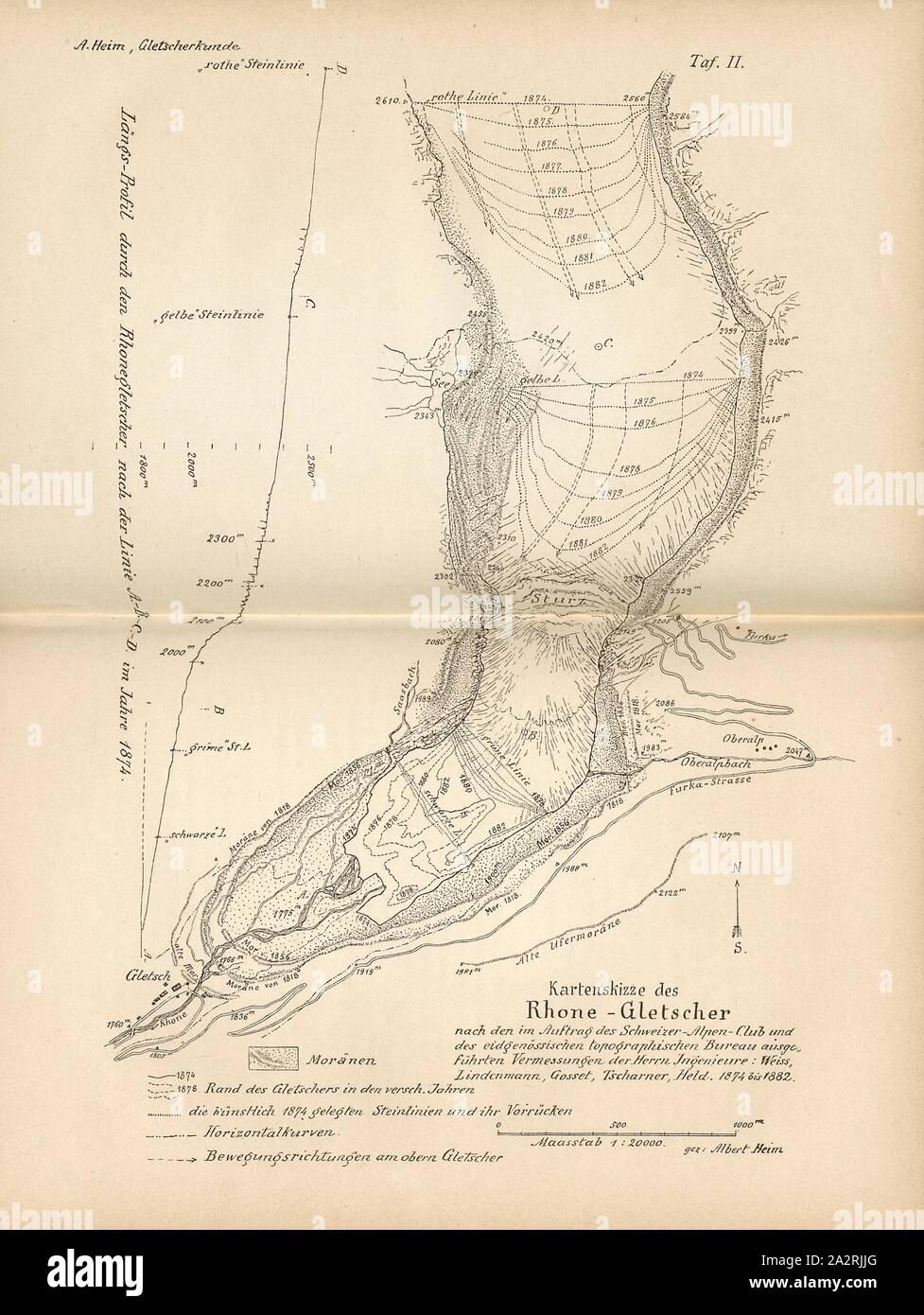 Map sketch of the Rhone Glacier, Map of the Rhone Glacier from the 19th ...