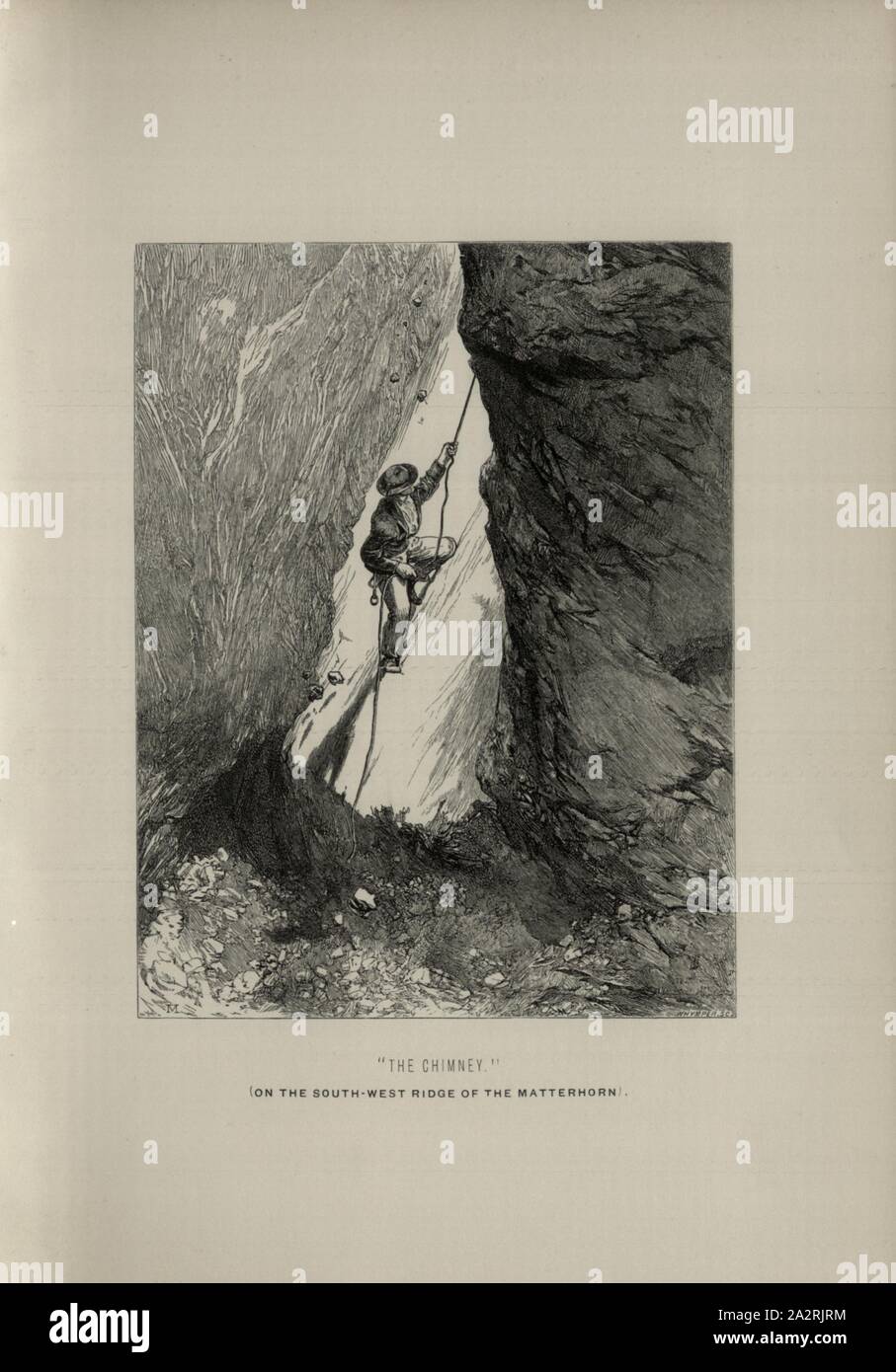 The Chimney. On the south-west ridge of the Matterhorn, Mountaineer on ...