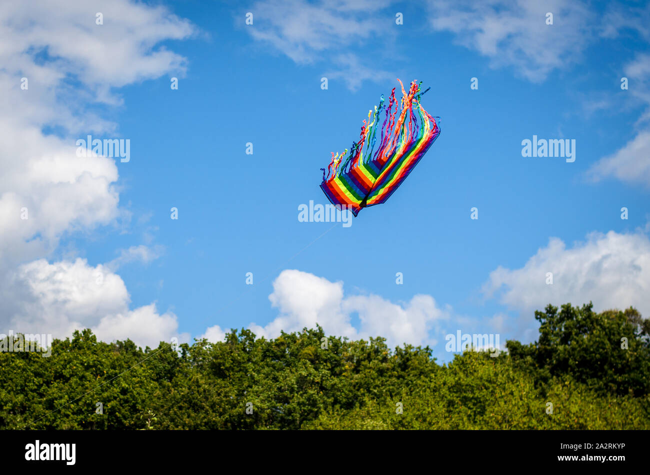 colorful kite flying in blue sky over green trees Stock Photo - Alamy