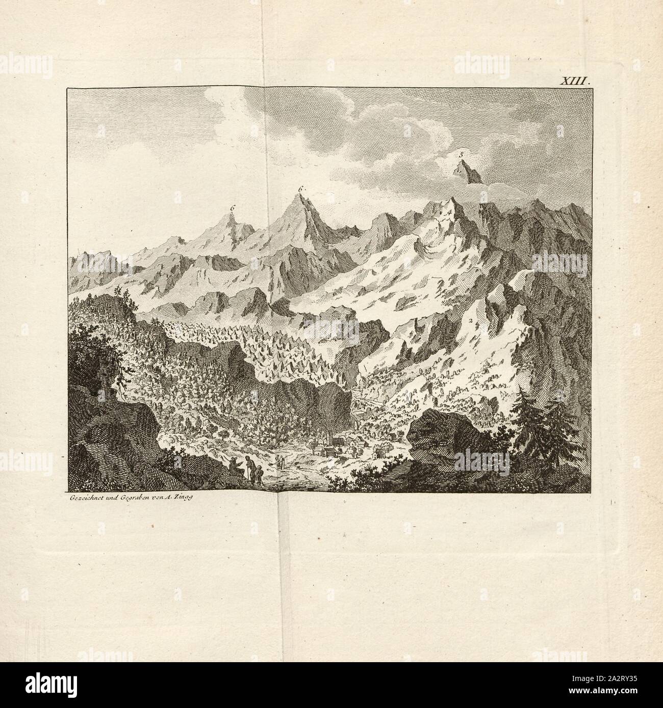 The cluster of Faucigny, View of the village Chamonix with the glacier in the background, signed ...
