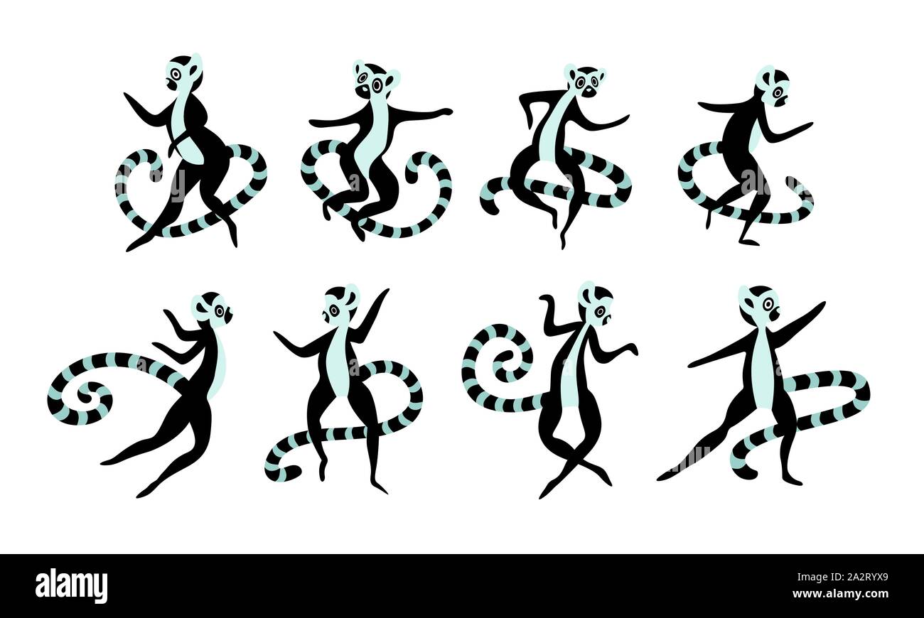 Big set of cute and funny lemurs. Simple drawn madagascar animals isolated on white background ...