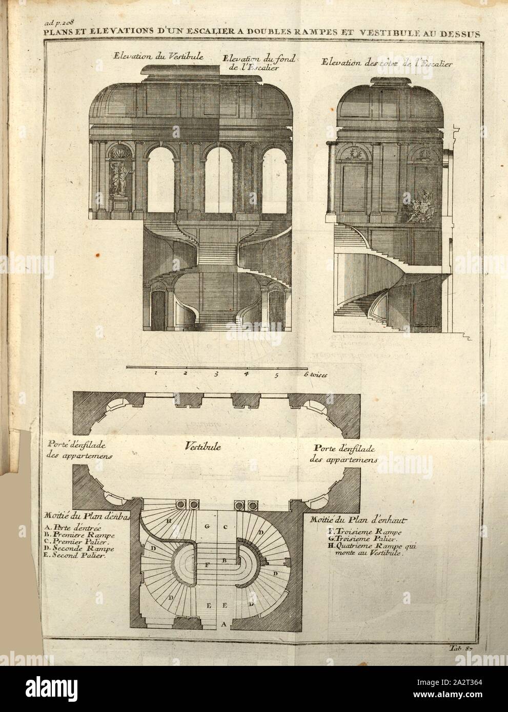Plans and elevations of a staircase with double ramps and vestibule ...