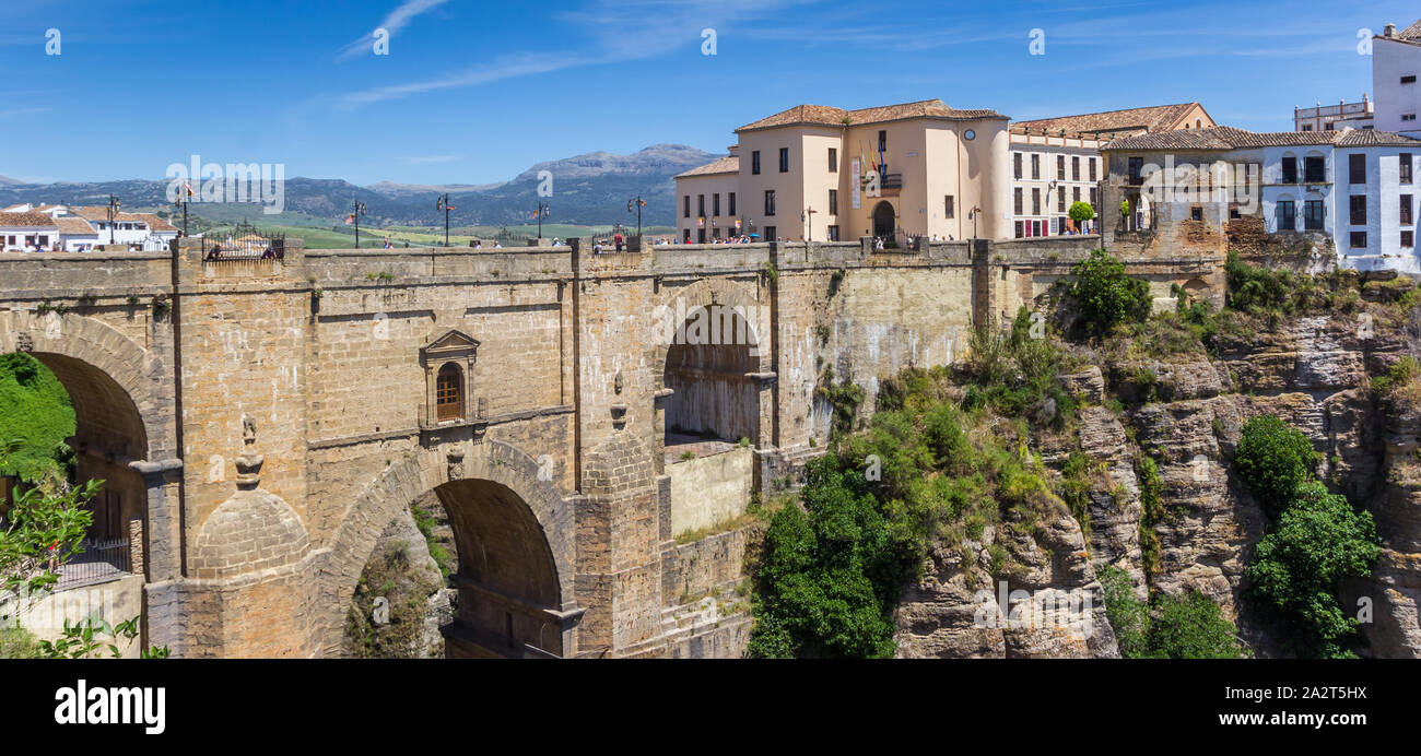 Panorama of historic buildings at the Puente Nuevo bridge in Ronda ...