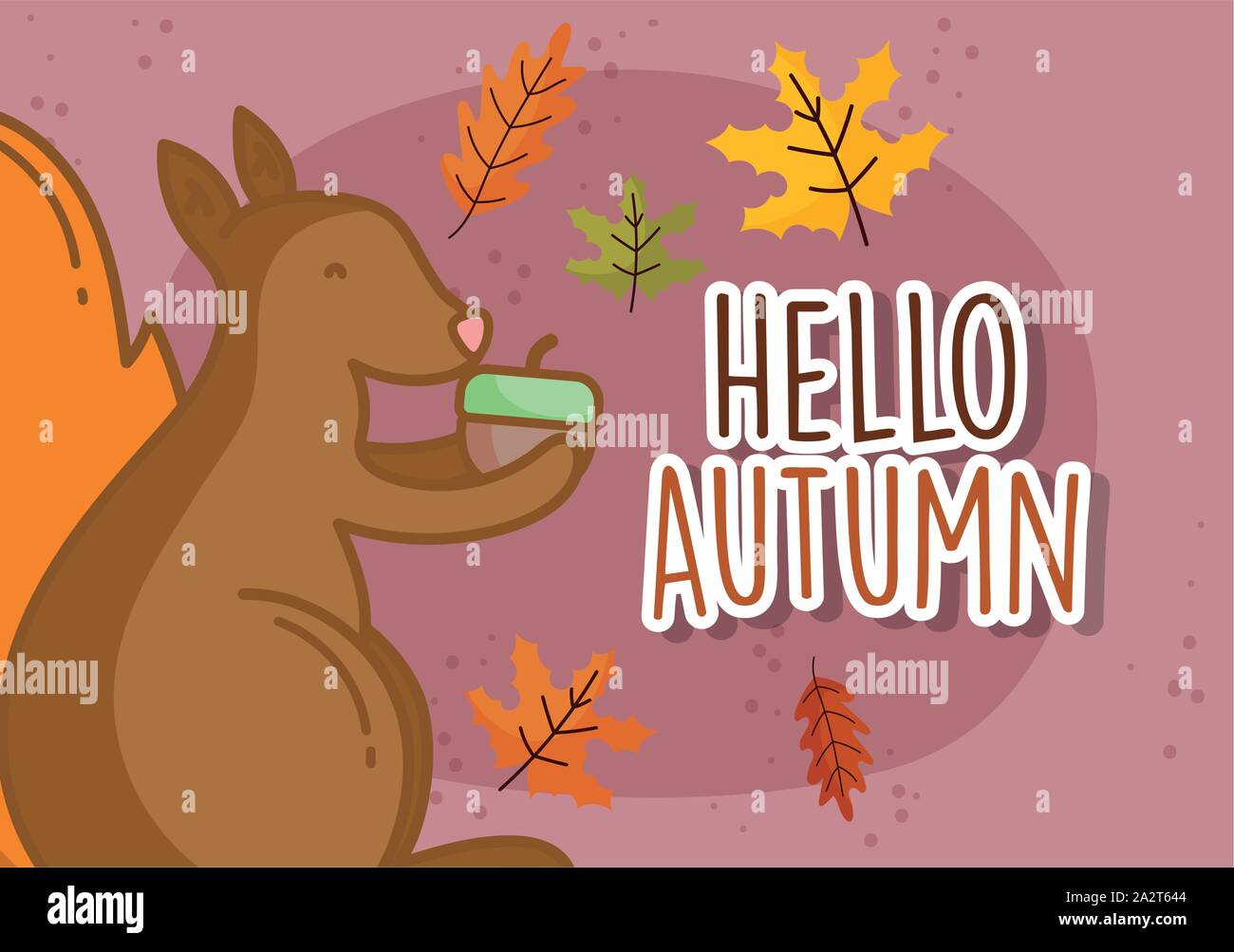 squirrel acorn foliage leaves lettering hello autumn design icon vector ...