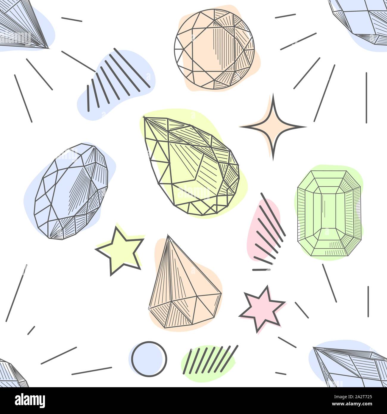 Colorful seamless pattern with hand drawn crystals and gems in pink ...