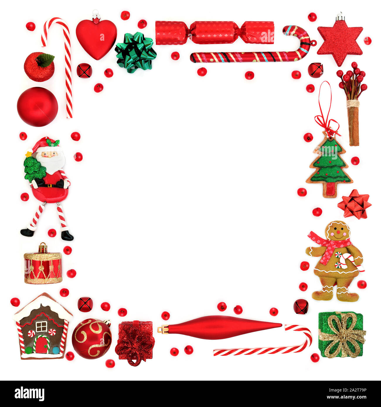 Christmas decorative border with tree decorations, festive symbols and ...