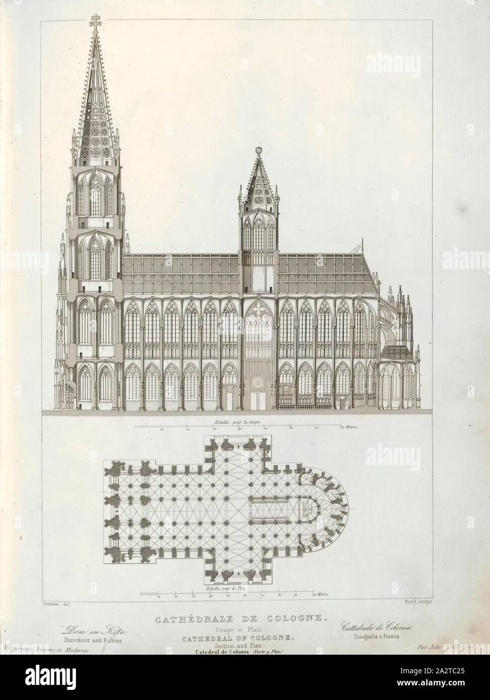 Cologne Cathedral. Cup and Plan, Floor plan and longitudinal section of ...