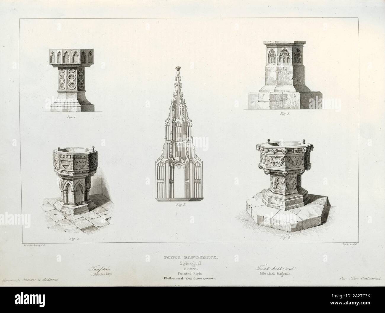 Fonts baptismaux. Style ogival, Gothic style baptismal font, signed ...