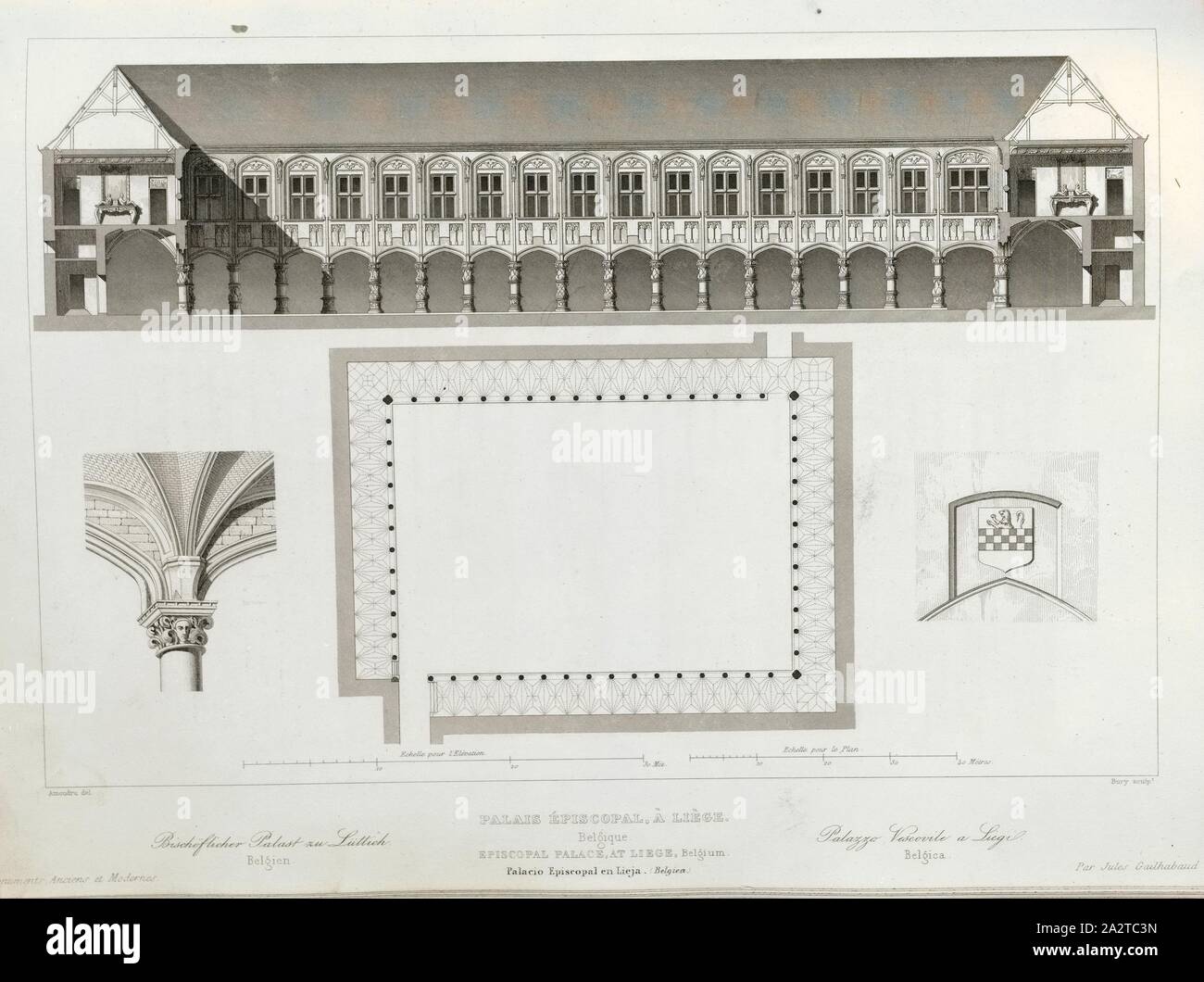Episcopal Palace, Liège, Floor plan and cross-section of the Episcopal ...