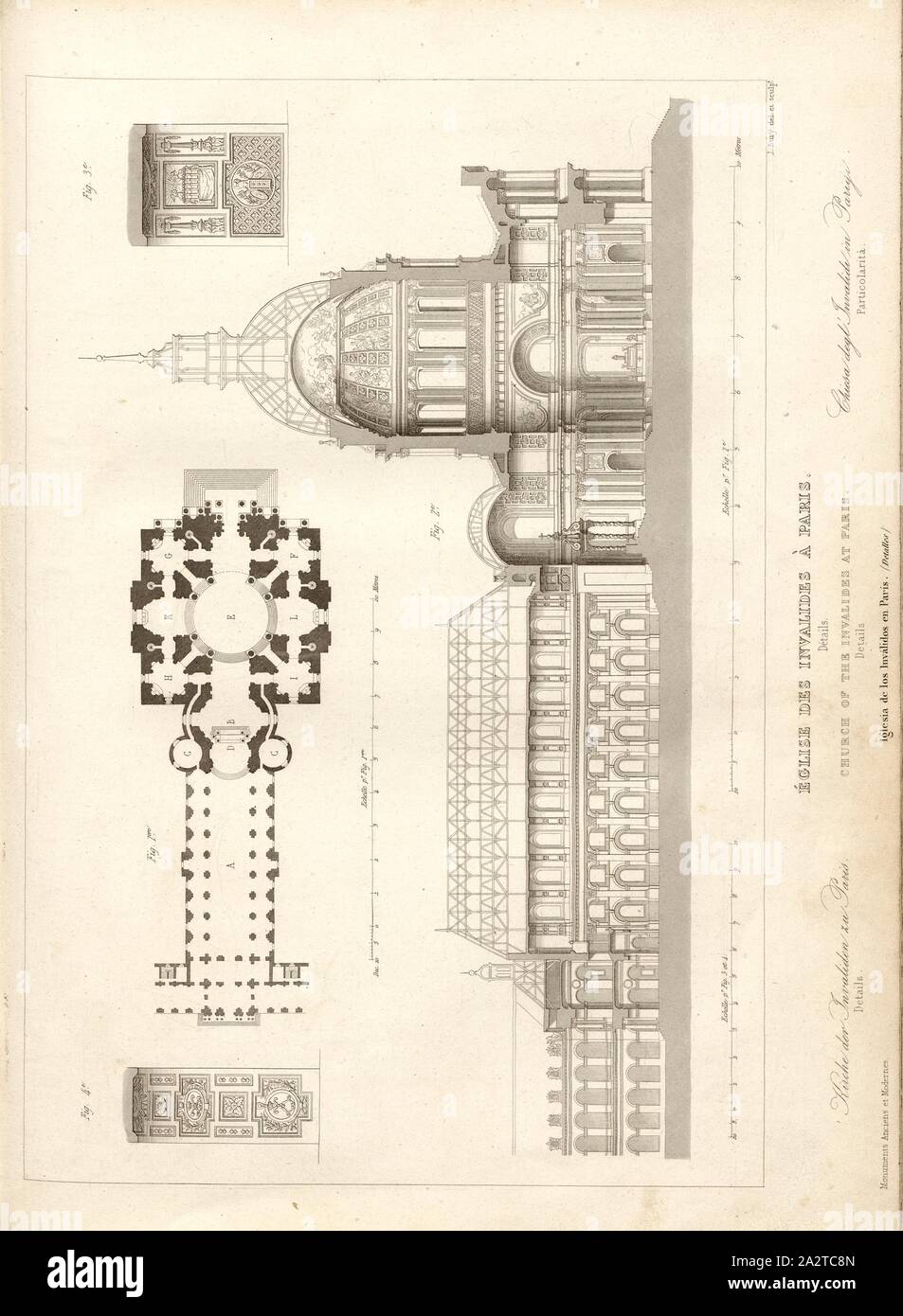 Church of the Invalides in Paris. Details, Floor plan and longitudinal ...