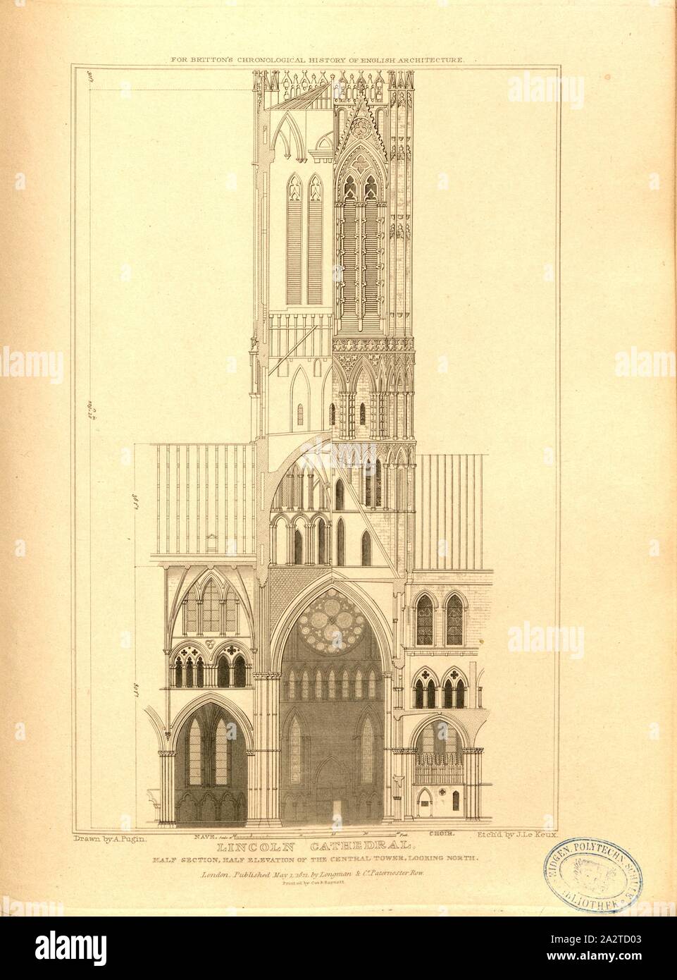 Lincoln Cathedral, half section, half elevation of the central tower ...