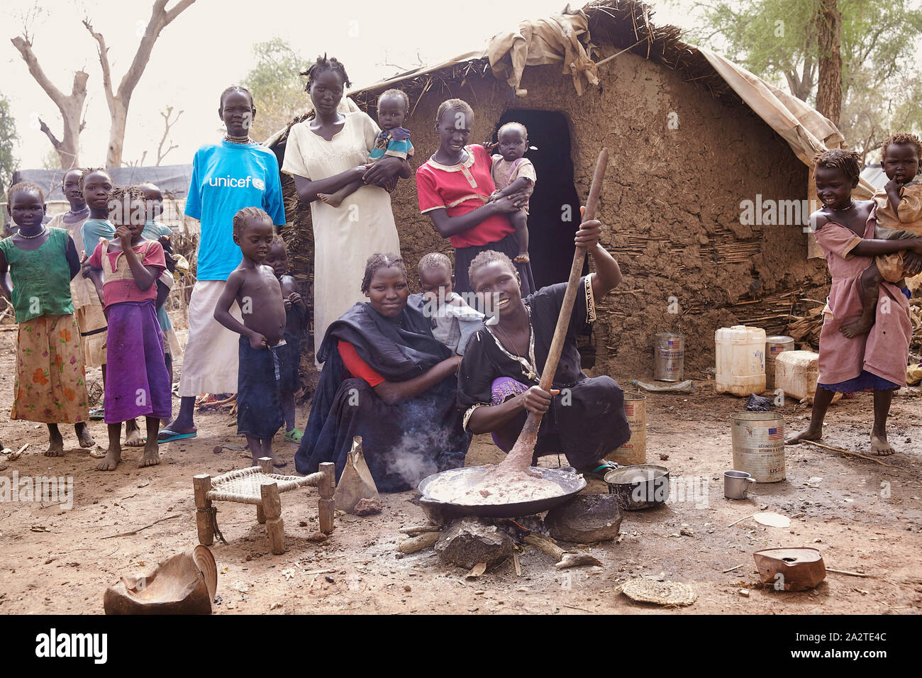 South Sudan Maban Refugees near there tents preparing food cooking ...