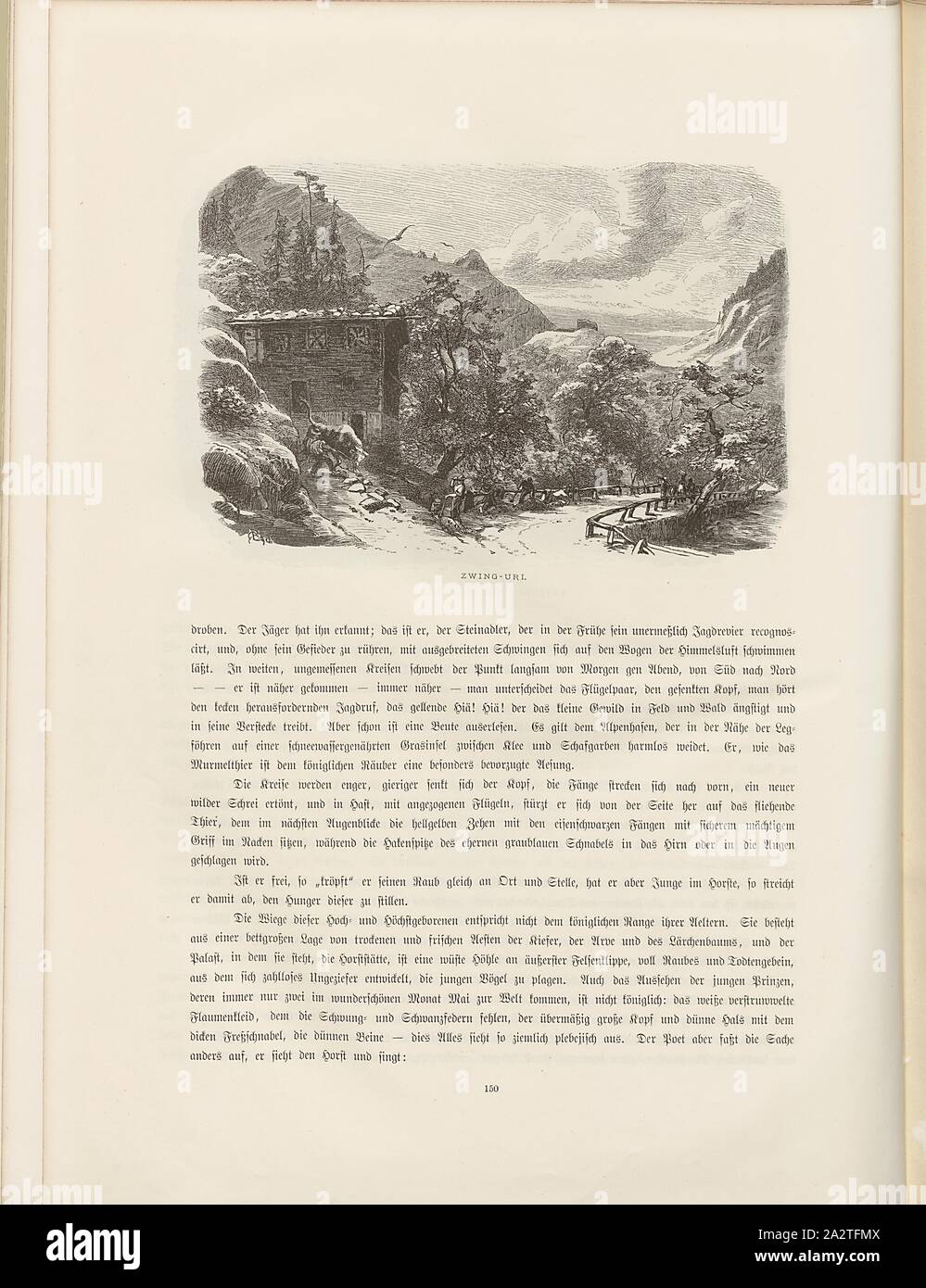 Scutch - Uri, Illustration of a landscape with a wooden house and a ...