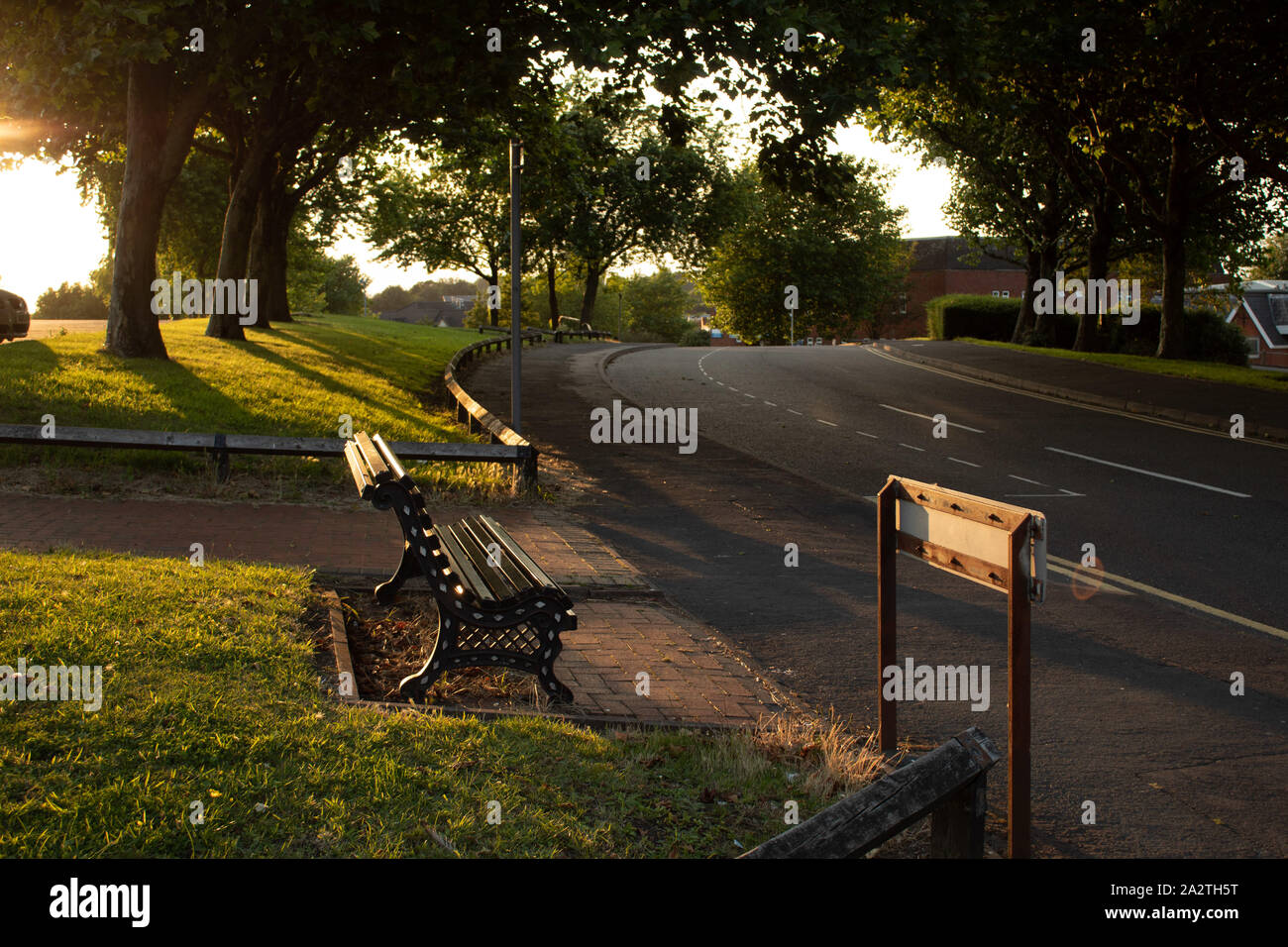 Bench and road sign in front of a road with trees with sunset light ...