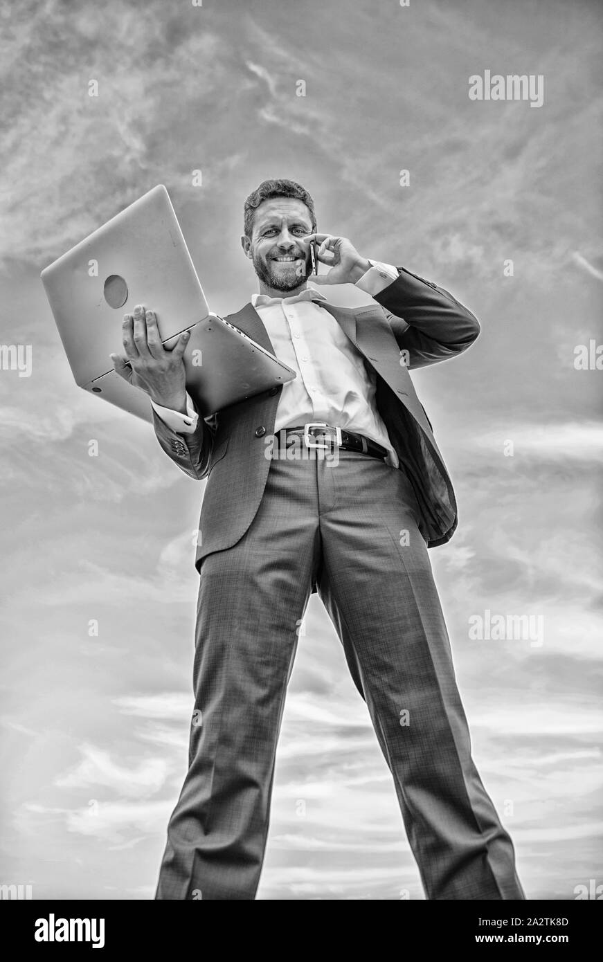 Guy formal suit modern technology manager entrepreneur answer phone ...