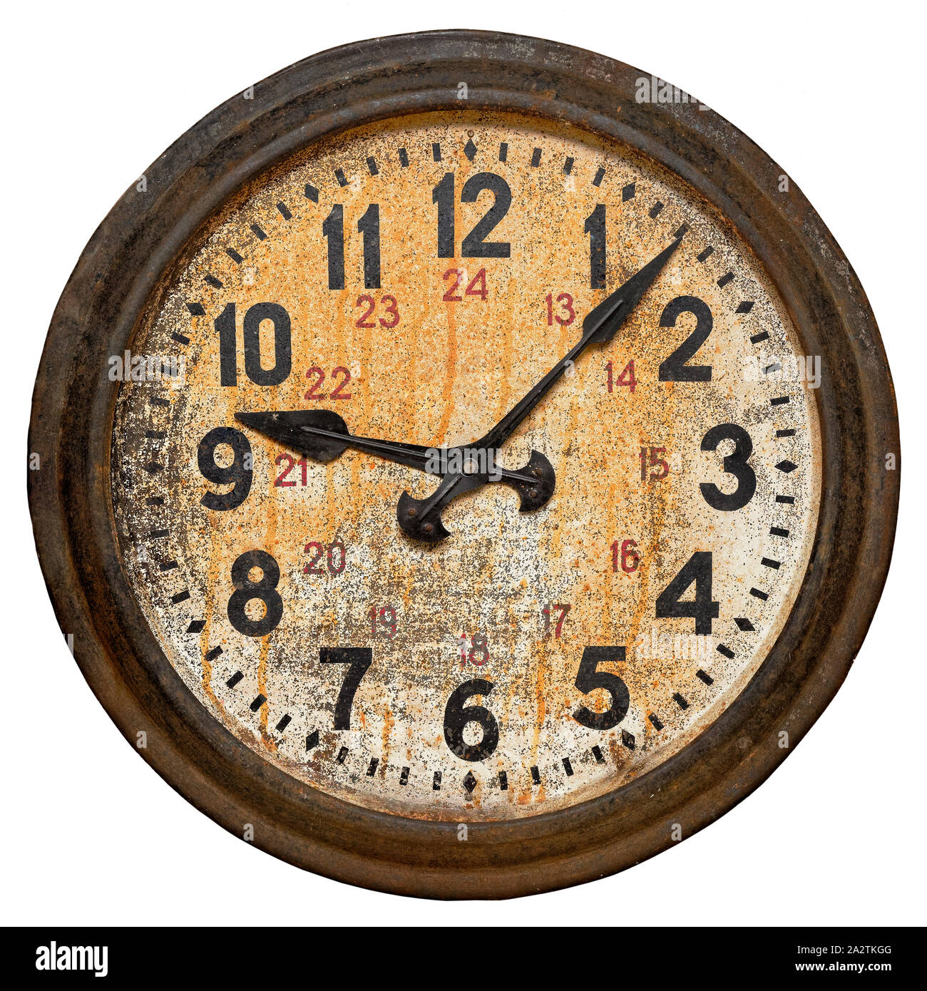 Isolated objects: old round wall clock, shabby and rusty, on white ...