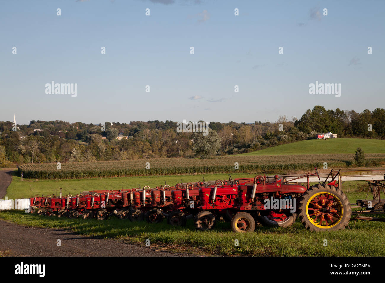 Red tractors at a tobacco barn in Suffield, Connecticut Stock Photo - Alamy