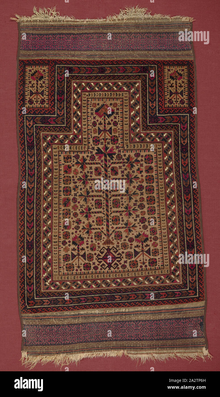 prayer rug, Baluchi people, 1840-1860, wool, camel hair, 29 x 52 in ...