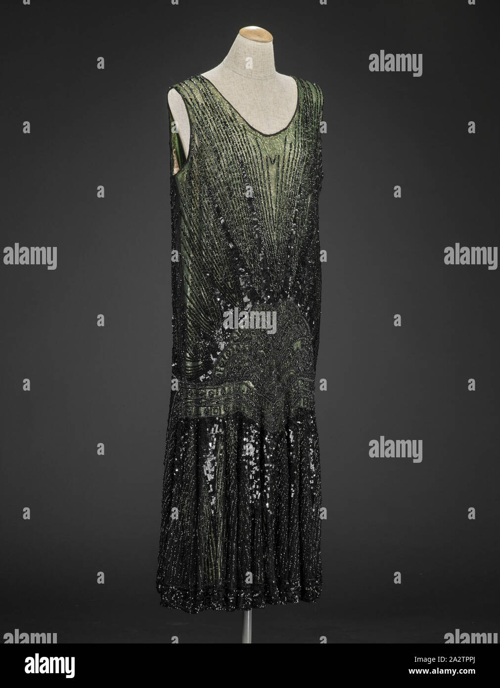 dress, Unknown, about 1922, netting, sequins, beads, center back 43 in ...