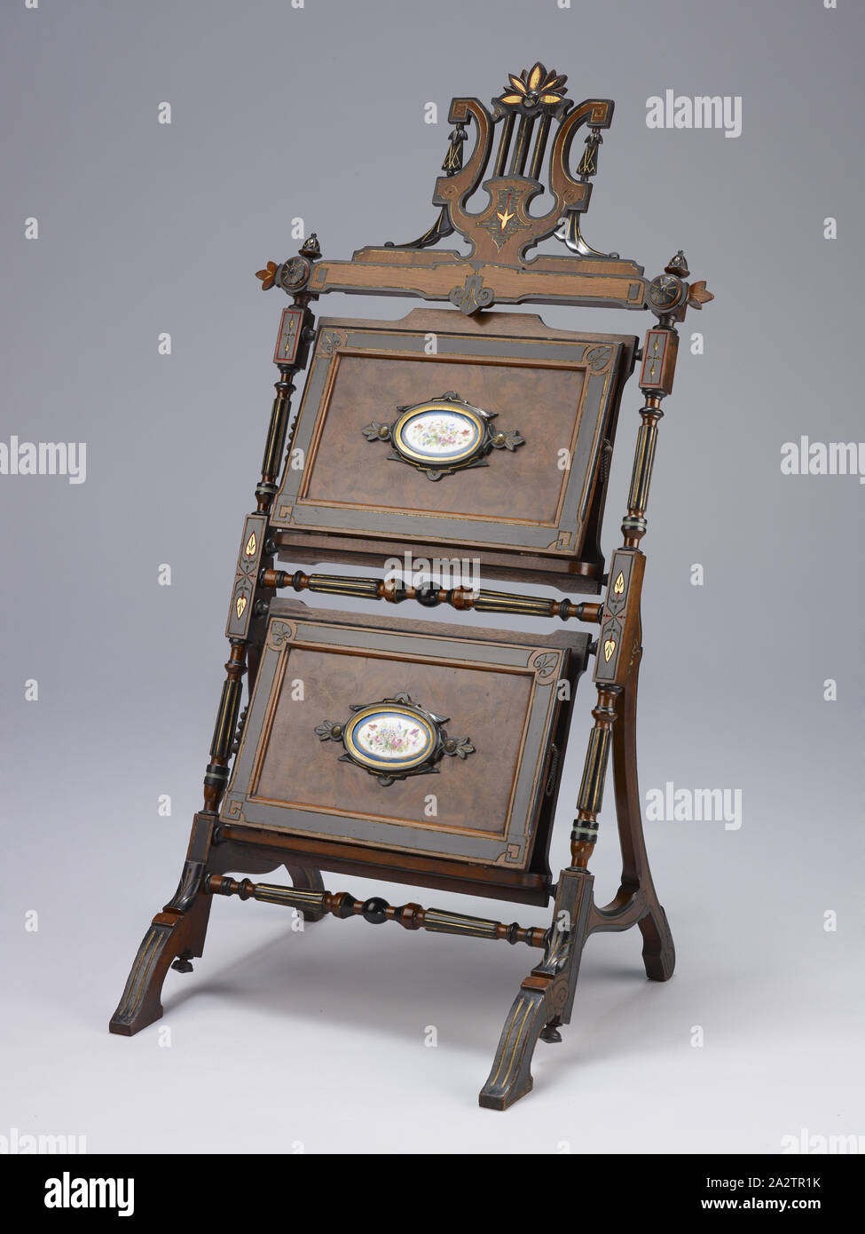music rack, Unknown, about 1875, burl walnut, ebonized wood, walnut ...