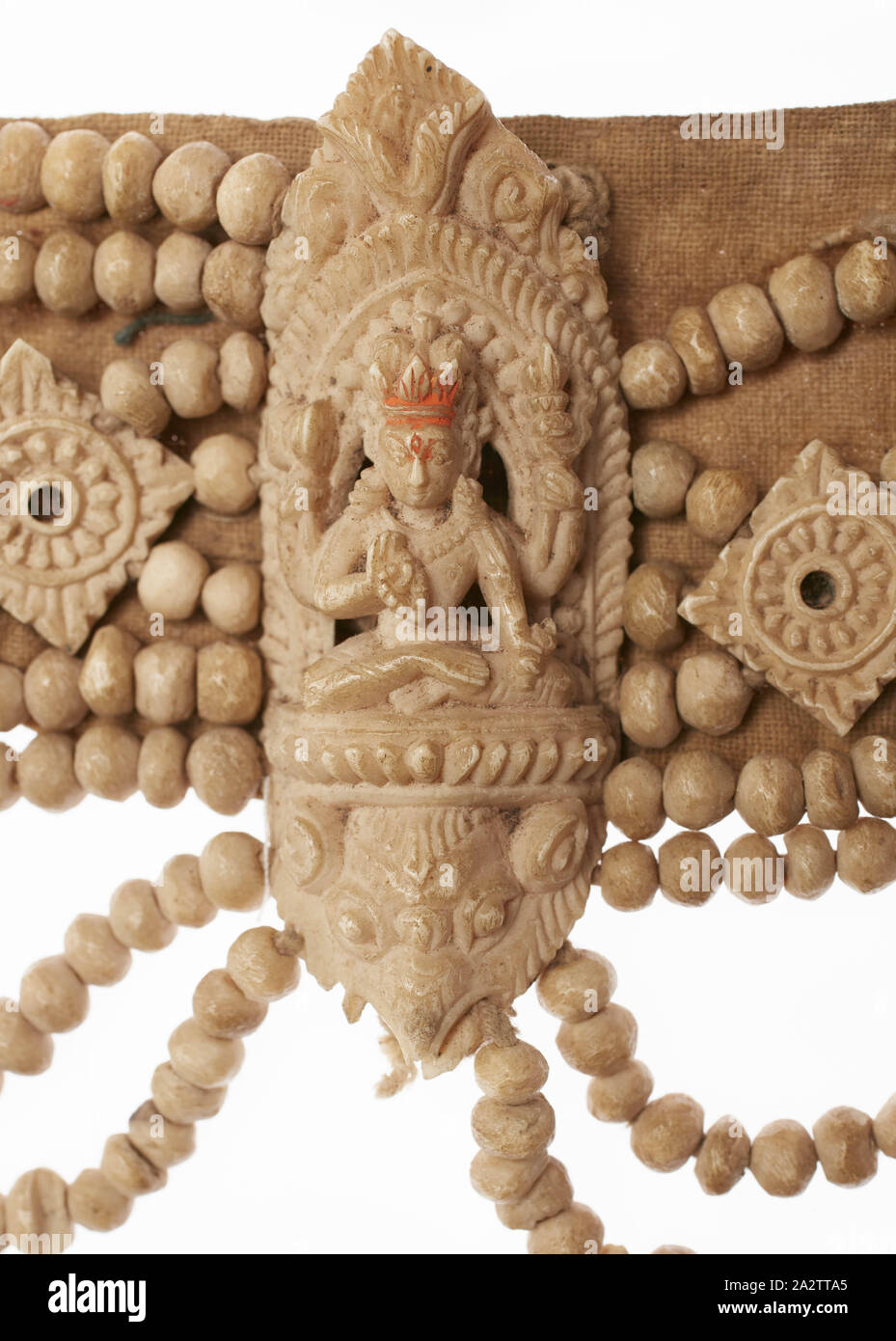 Buddhist ceremonial headpiece, 1800s, bones, cotton, metal discs, 6-1/2 ...