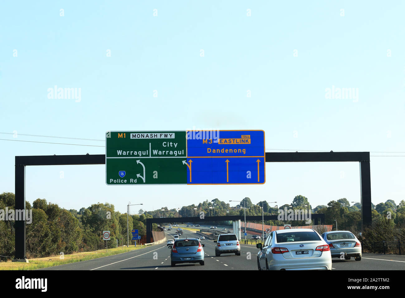 Monash freeway, City and Warragul signboards on Melbourne freeway road ...