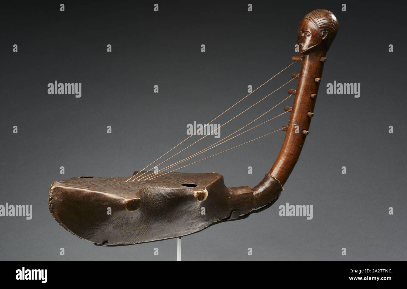 harp, Zande people, early 20th century, wood, skin, fiber, iron, 25-3/4 ...