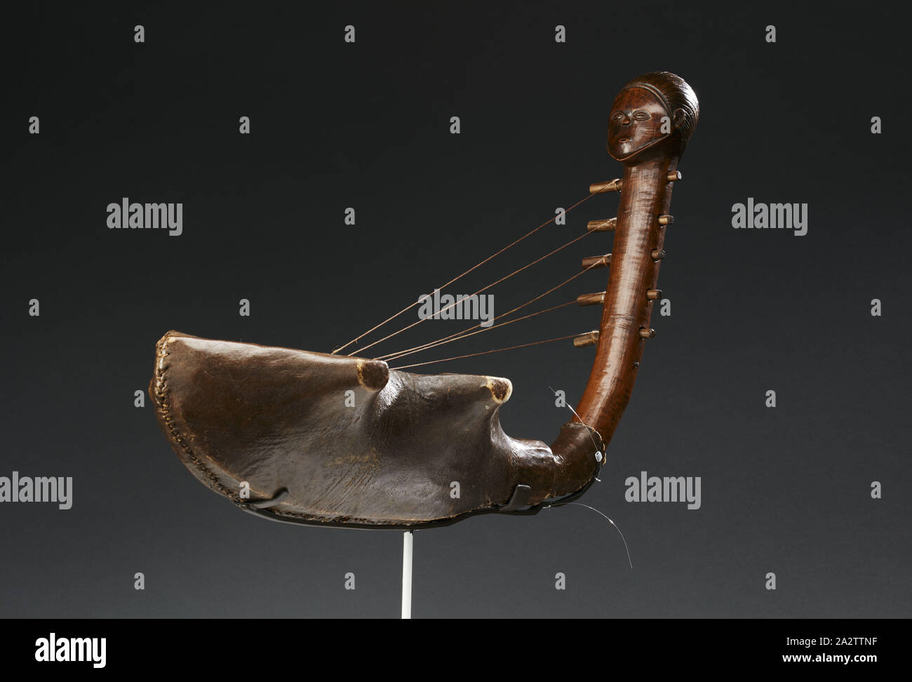 harp, Zande people, early 20th century, wood, skin, fiber, iron, 25-3/4 ...