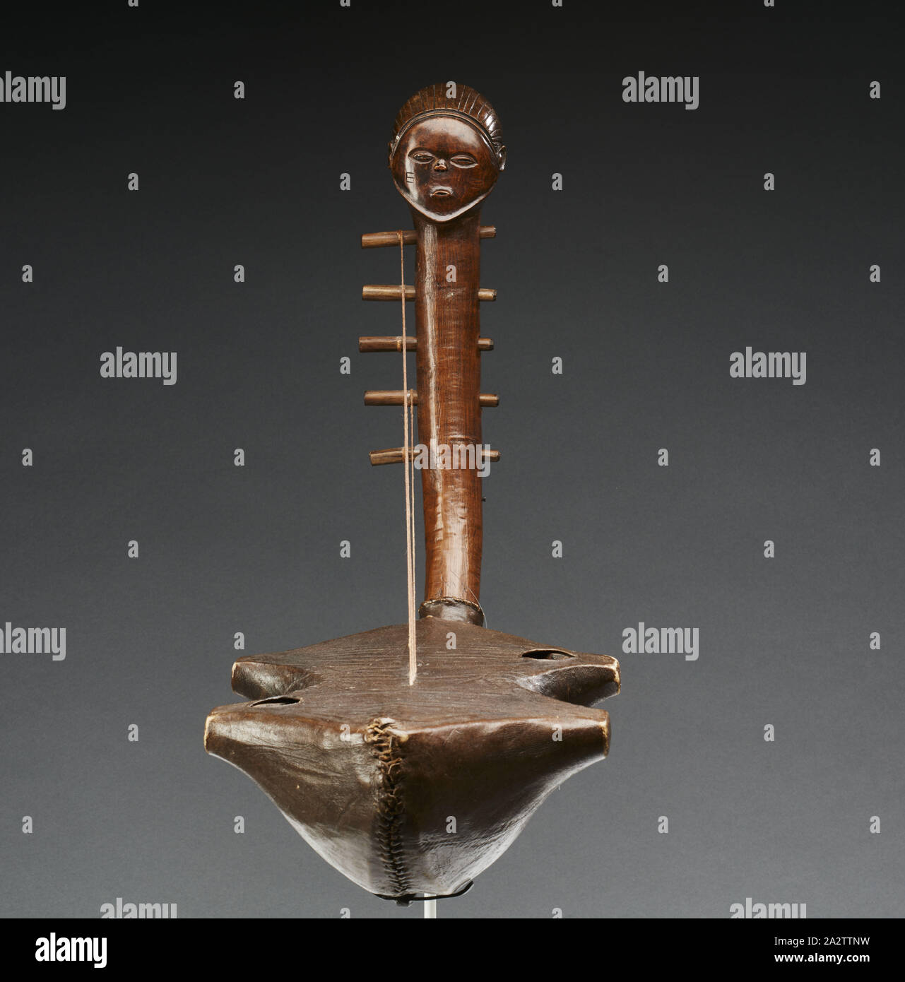 harp, Zande people, early 20th century, wood, skin, fiber, iron, 25-3/4 ...