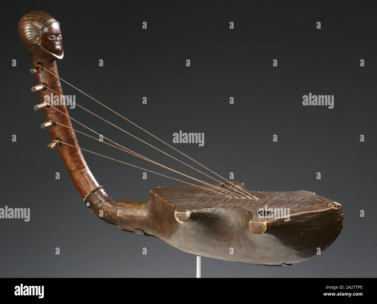 harp, Zande people, early 20th century, wood, skin, fiber, iron, 25-3/4 ...