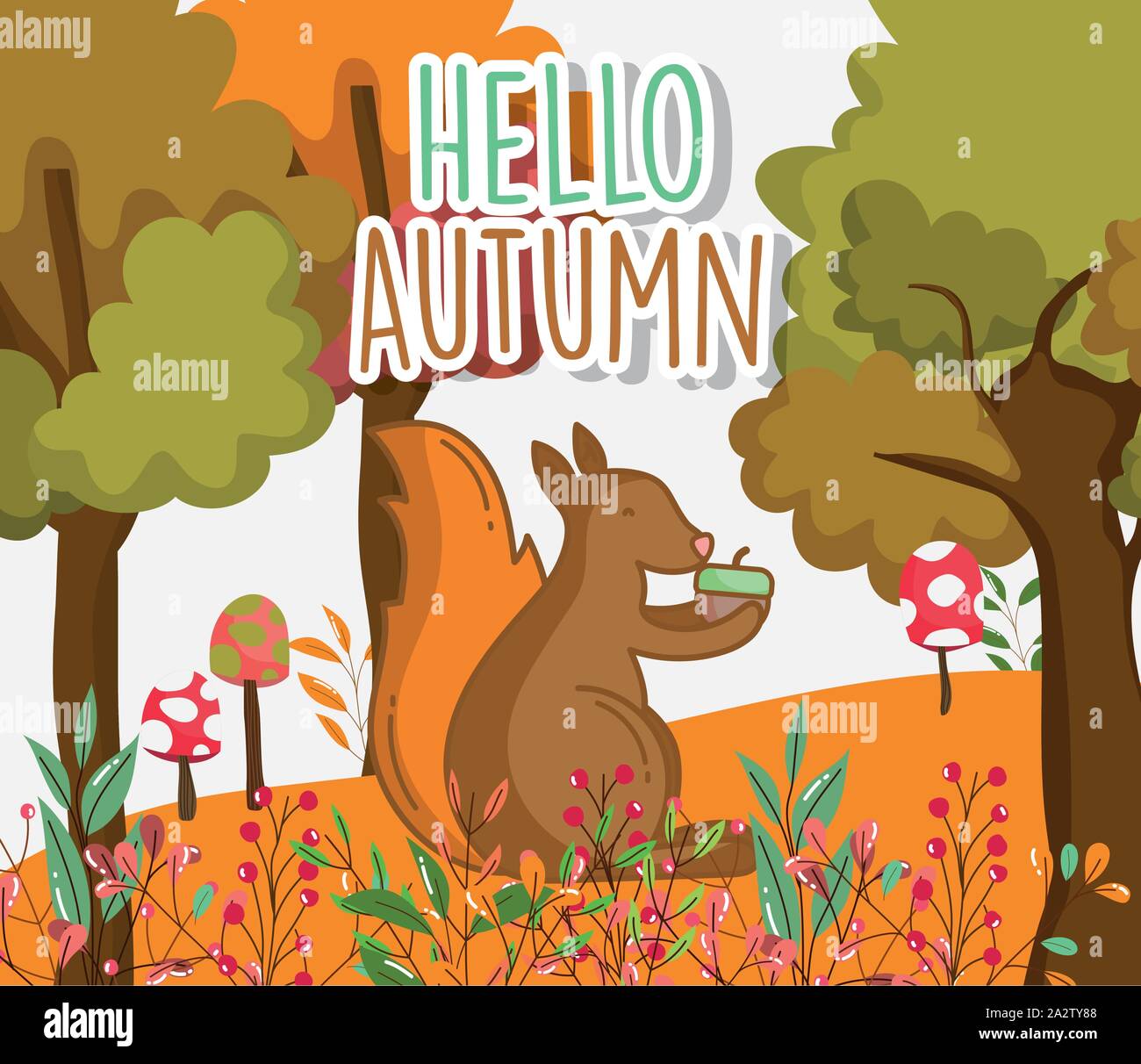 squirrel acorn foliage leaves trees hello autumn design icon vector ...