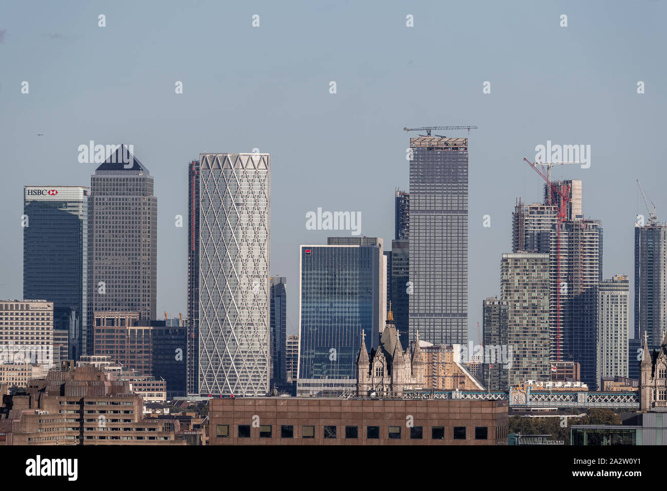 London Docklands Skyscraper Buildings with a bright blue sky taken from ...