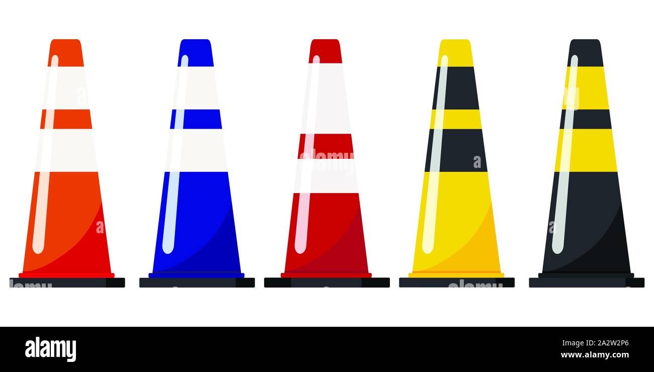 Traffic cones set with reflective stripes stickers vector flat design ...