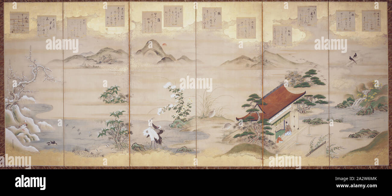 Ink color and gold leaf on paper six fold screen hi-res stock ...