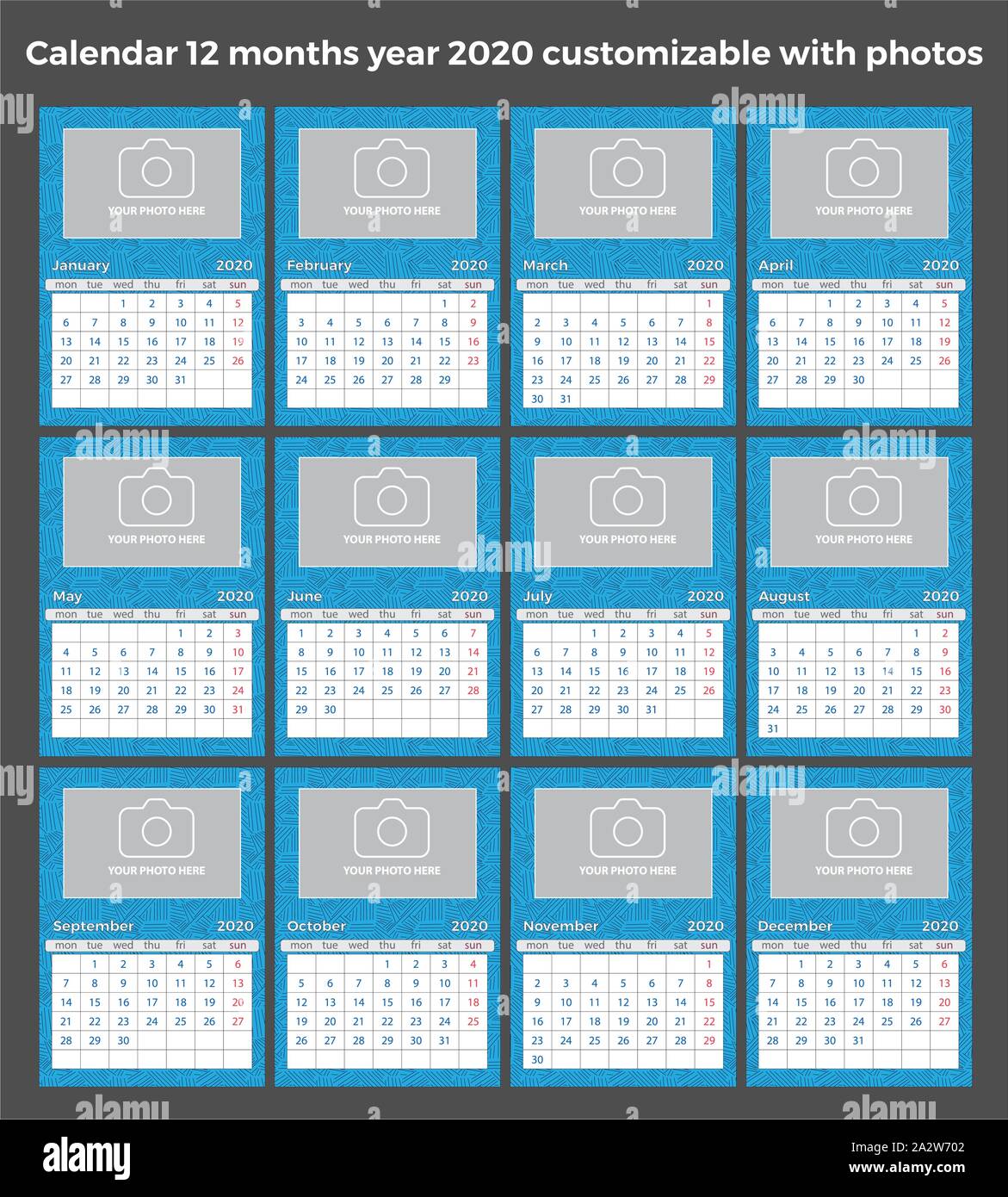 Calendar 12 months year 2020 customizable with text, photos, and colors ...